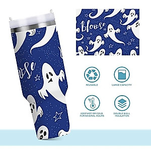 RPLIFE Whimsical Ghosts Deep Blue Stainless Steel Mug, Insulated Water Bottle with Straw, Tumblers for Women