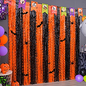 Mega-L Halloween Foil Fringe Curtains, 3 Pack Orange Black Photo Booth Props, 18 Pcs PVC Bat and Spider Stickers Decals Wall Decor Halloween Photo Backdrop for Halloween Party Decoration