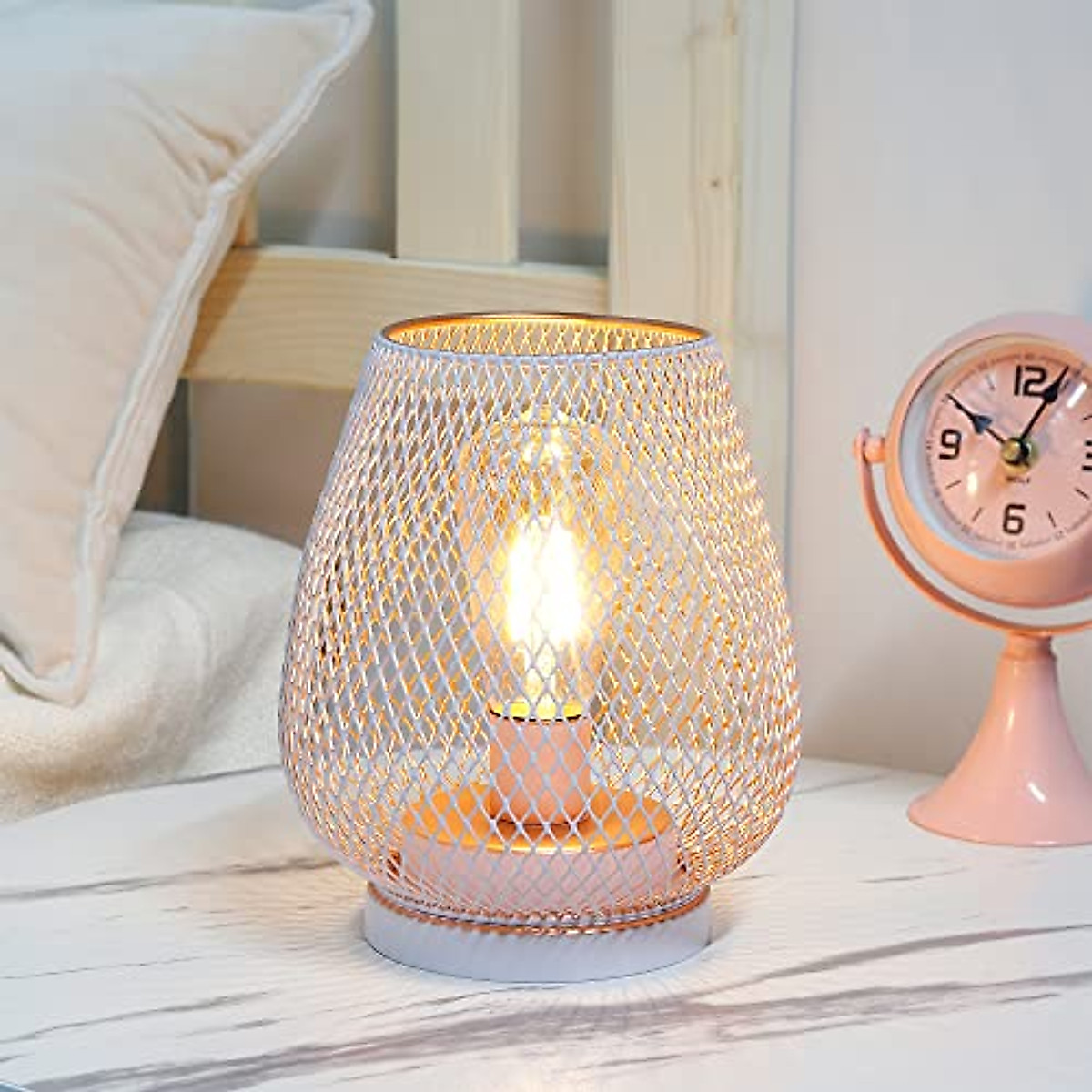 TRIROCKS Set of 2 Medium Battery Powered Outdoor Lantern 6.5'' High Metal Cage Table Lamp with LED Edison Bulb for Home Wedding Parties Patio Event Indoor Outdoor(Pink)