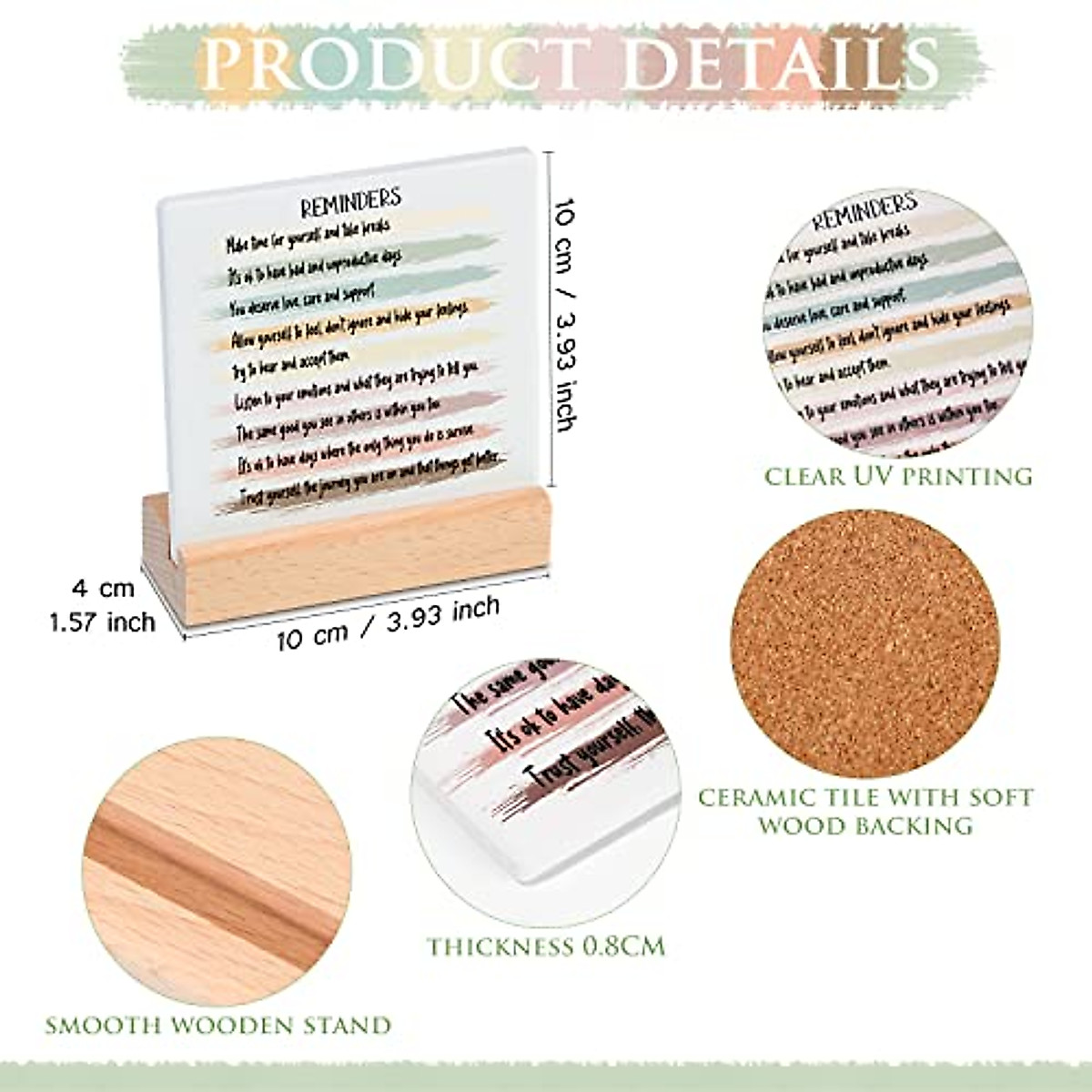 Mental Health Reminders Sign Decor Inspirational Desk Office Wall Art Motivational Cheer up Gifts Ceramic Positive Quotes Decor with Wooden Stand for Christmas Office Classroom Gift Decoration