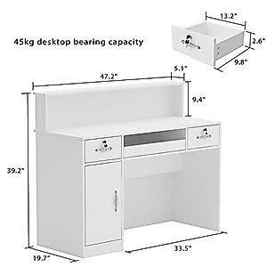 AIEGLE Reception Desk with Counter, Retail Counter with Lighted Display Shelf & Lockable Drawers, for Salon Reception Room Checkout Office, White (47.2" W x 19.7" D x 39.2" H)
