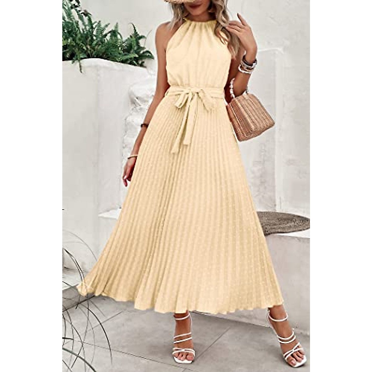 PRETTYGARDEN Women's Midi Summer Dresses Casual Halter Neck Swiss Dot Ruffle Sleeveless A Line Beach Sun Dress (Z_Apricot,Small)