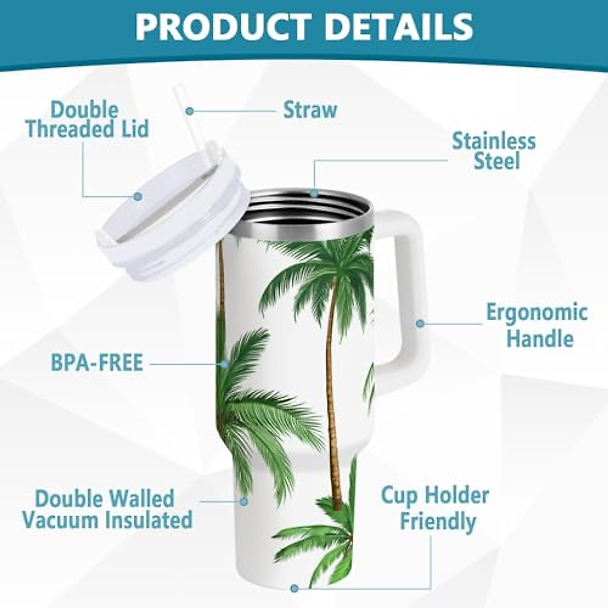 40 Oz Palm Trees Stainless Steel Tumbler with Lid and Straw Travel Insulated Tumblers