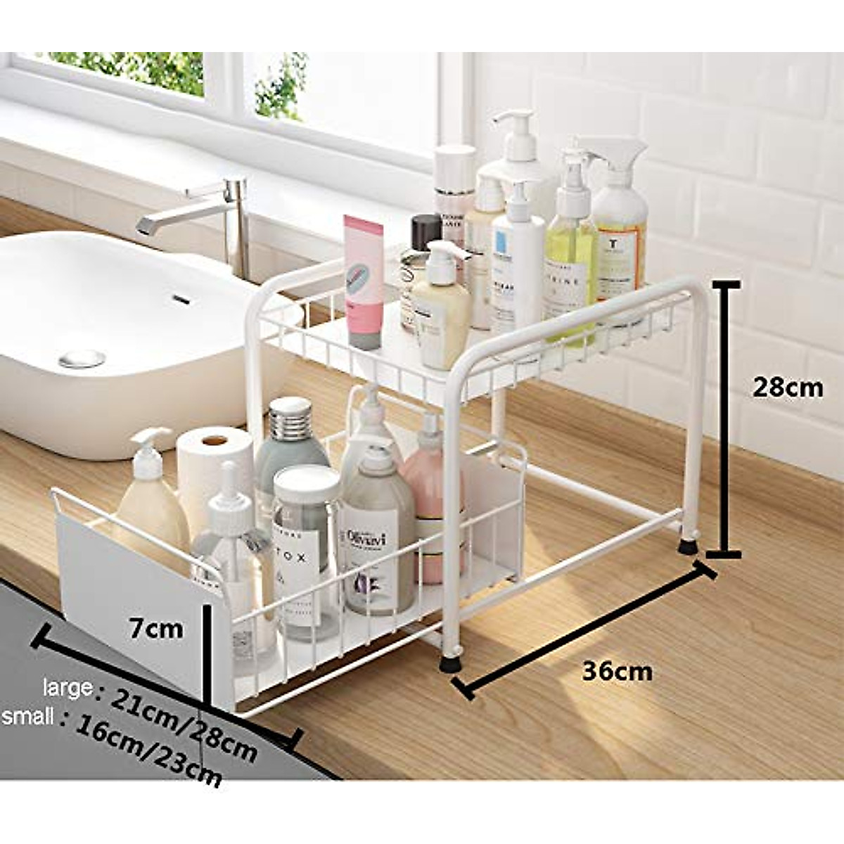 LEAYAN Multifunctional Under Sink Storage Metal Storage Drawer,Telescopic Sliding Drawer,Sliding Rack with Spice Dividers,Shower,Pantry,Kitchen,Bathroom,Under Sink Rack Shelf, White Short Large