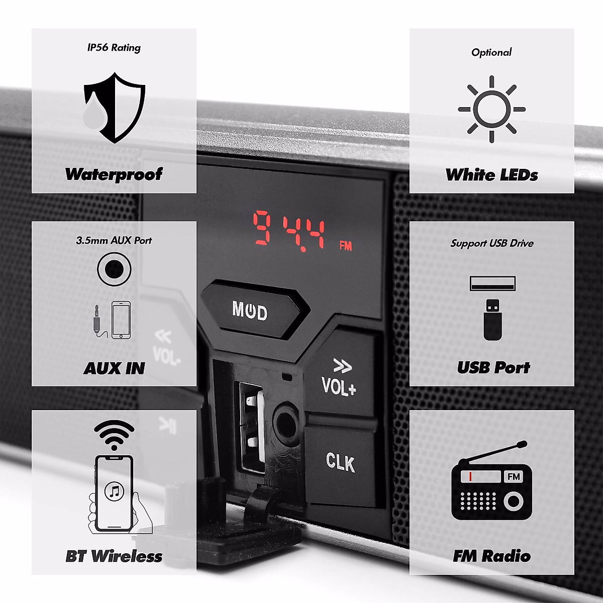 GoHawk RE9-X Gen.3 Waterproof Bluetooth Motorcycle Stereo Speakers LED Soundbar 7/8-1.25 in. Handlebar Mount MP3 Music Player Audio Amplifier System ATV 4 Wheelers USB AUX FM Radio