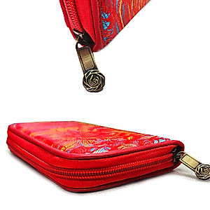 Yongkai Women's Wallet Canvas Wristlets Bag Zip Around Clutch Holder Clutch with Removable Strap Featured Embroidered Multi-card Slot Wallet(Red Flowers)