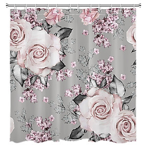 LB Pink Peony Floral Shower Curtain for Bathroom, Farmhouse Wildflower with Grey Leaf Fabric Shower Curtain with Hooks, Country Nature Plant Bathroom Curtain Shower Set, 72" W x 72" L