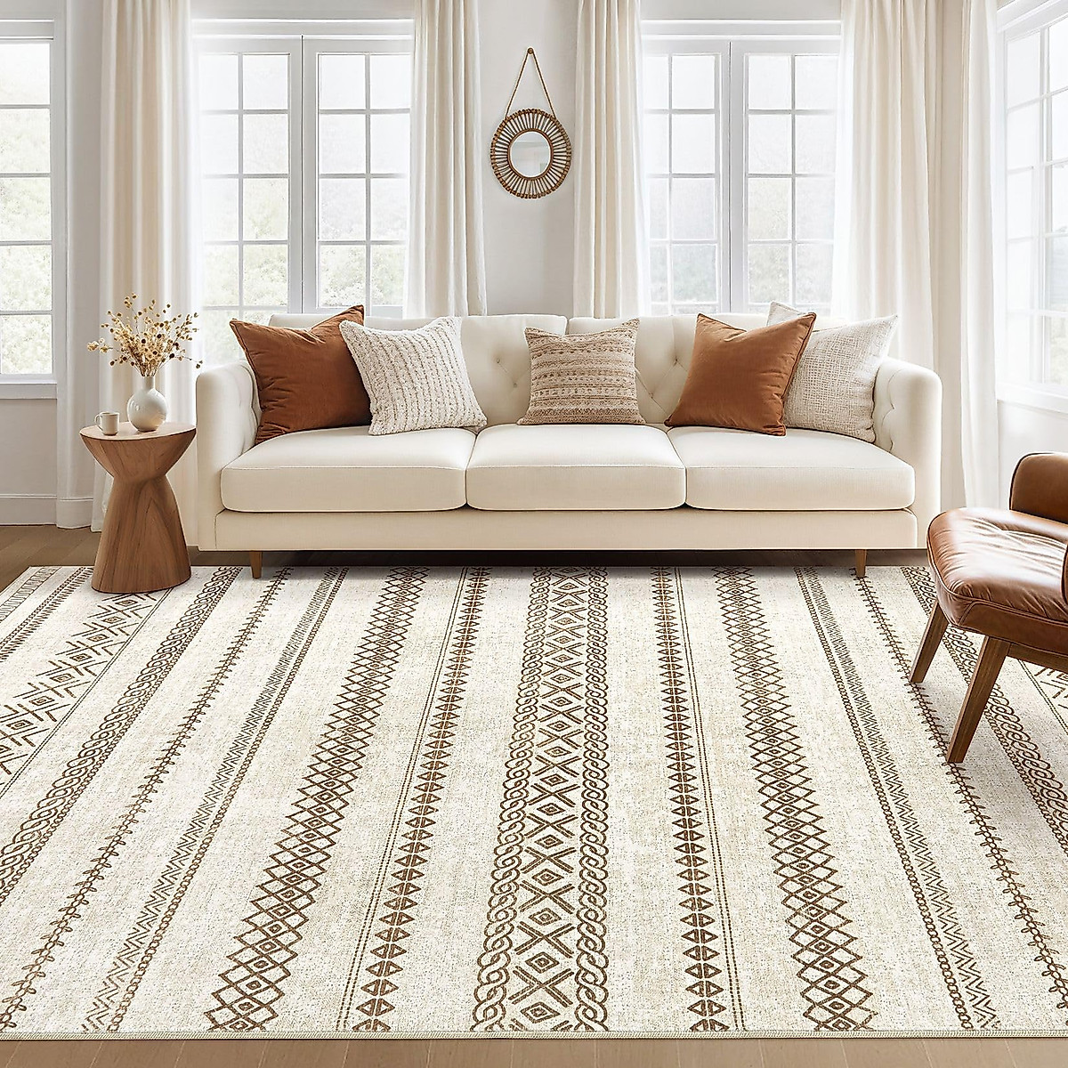 TARANCH Area Rug 5x7 Washable Rug, Large Boho Moroccan Geometric Neutral Soft Rug for Living Room Bedroom Dining Room, Non Slip Indoor Carpet for Home Office Decor - Brown