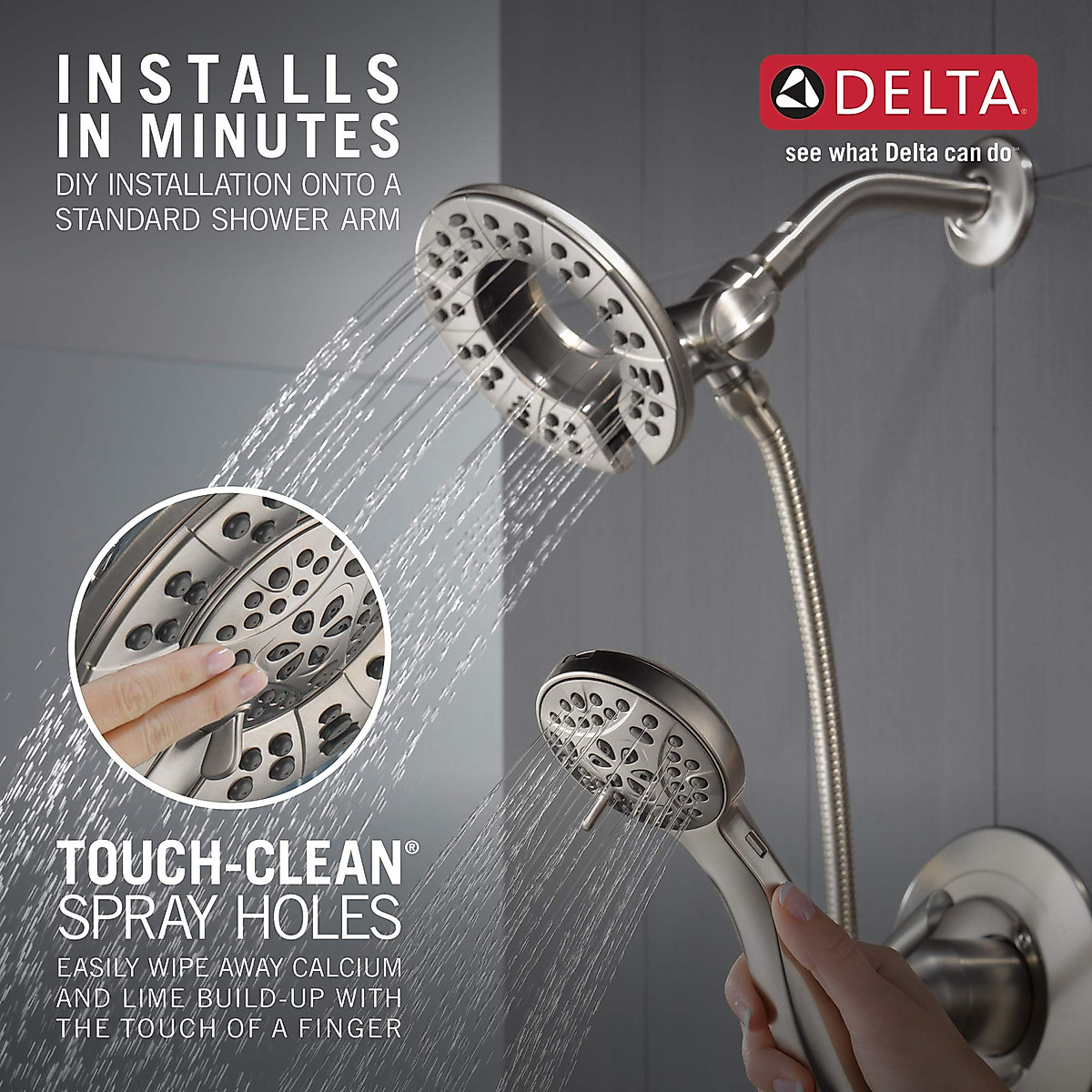 Delta Faucet Arvo 14 Series Single-Handle Shower Faucet, Shower Trim Kit with 4-Spray In2ition 2-in-1 Dual Hand Held Shower Head with Hose, SpotShield Stainless 142840-SP-I (Valve Included)
