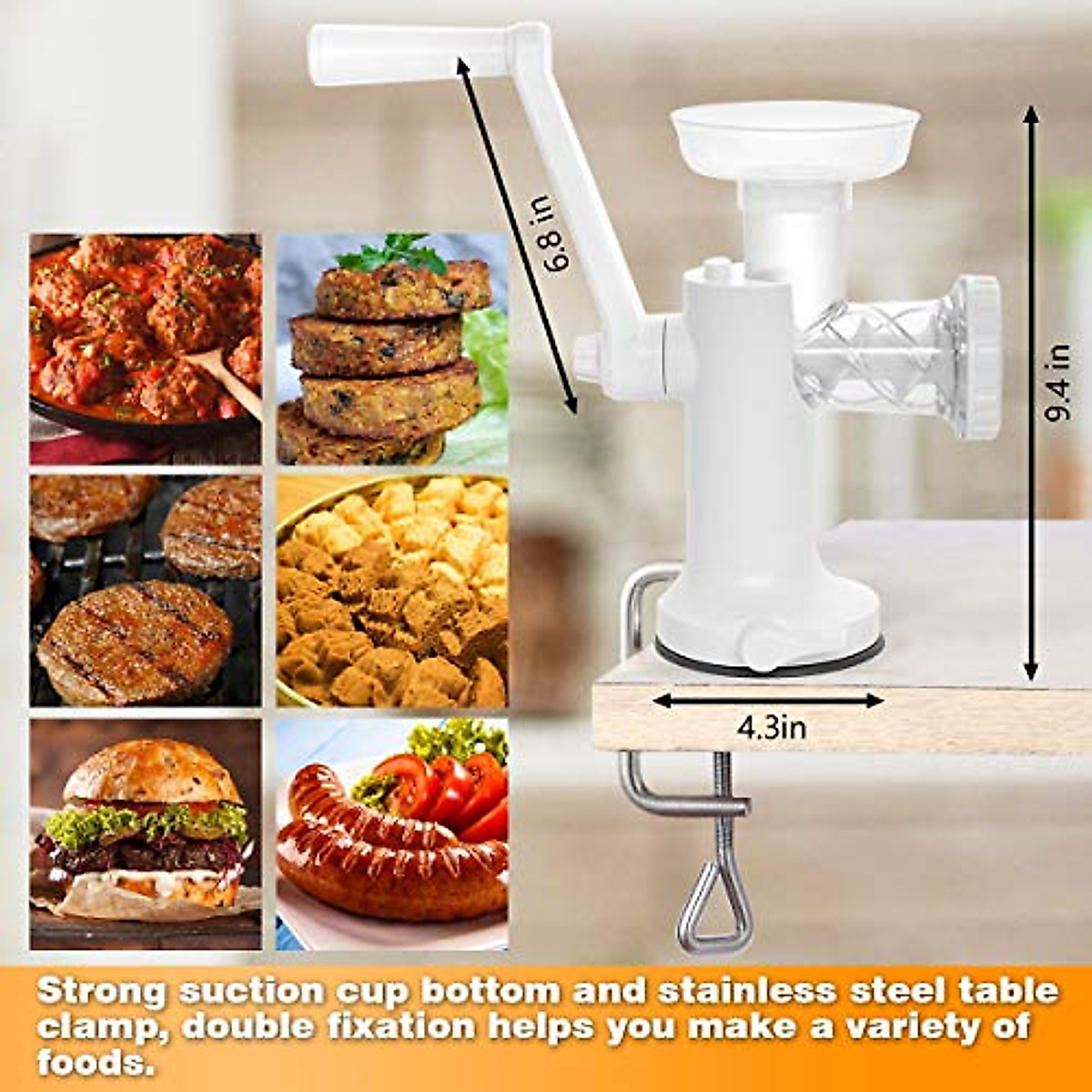 LHS Manual Meat Grinder, Heavy Duty Meat Mincer Sausage Stuffer, 3-in-1 Hand Grinder with Stainless Steel Blades for Meat, Sausage, Cookies, Easy to Clean