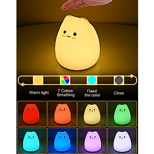 LED Cat Night Light, Battery Powered Night Light for Kids, Silicone Multicolor Cute Cat Lamp with Warm White and 7-Color Breathing Mode, Christmas Gifts for Kids, Baby, Children, Lady (Cute Cat)