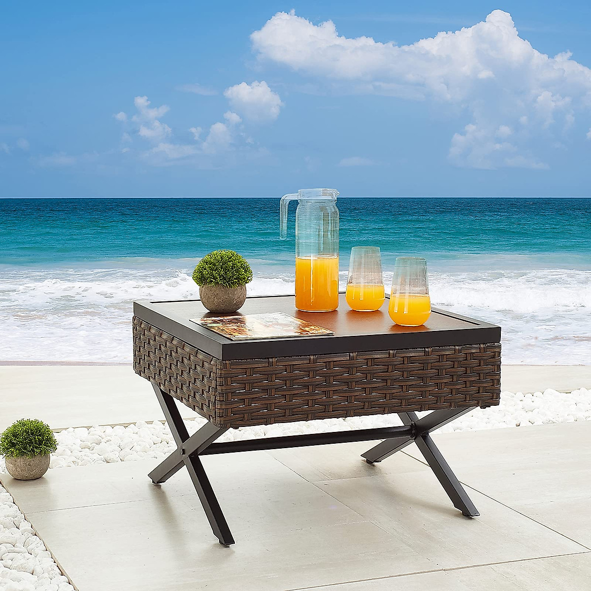 Festival Depot Patio Side Coffee Table Outdoor Bistro Dining Furniture with Wood Grain Top, Wicker Rattan and X Shaped Metal Steel Legs (Brown)