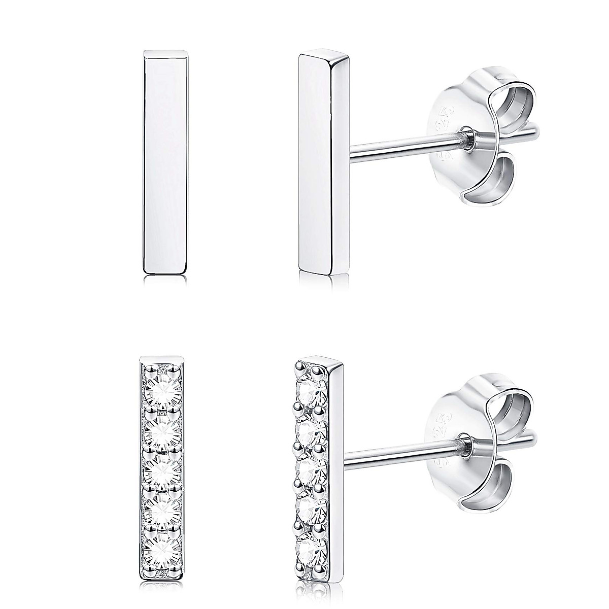 Sllaiss 2 Pairs 925 Sterling Silver Tiny Bar Stud Earrings for Women Men White Gold Plated CZ Bar Earrings Set Rectangle Line Earrings Huggie Cartilage Silver