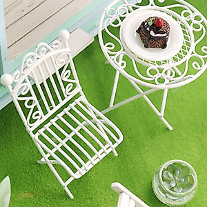 Metal Doll House Bistro Set, White Miniature Doll House Table and Chairs Set, 1/12 Scale Miniature Patio Set Fairy Garden Furniture Ornaments Micro Decor A