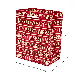 Hallmark 6" Small Holiday Gift Bag Set (Pack of 5; Red, White and Kraft) Snowflakes, Stripes, Merry