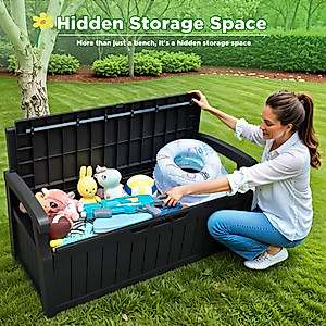 Greesum 70 Gallon Outdoor Storage Bench, Resin Patio Furniture with Armrest,Waterproof and Durable, Perfect to Garden, Poolside and Lawn, Black