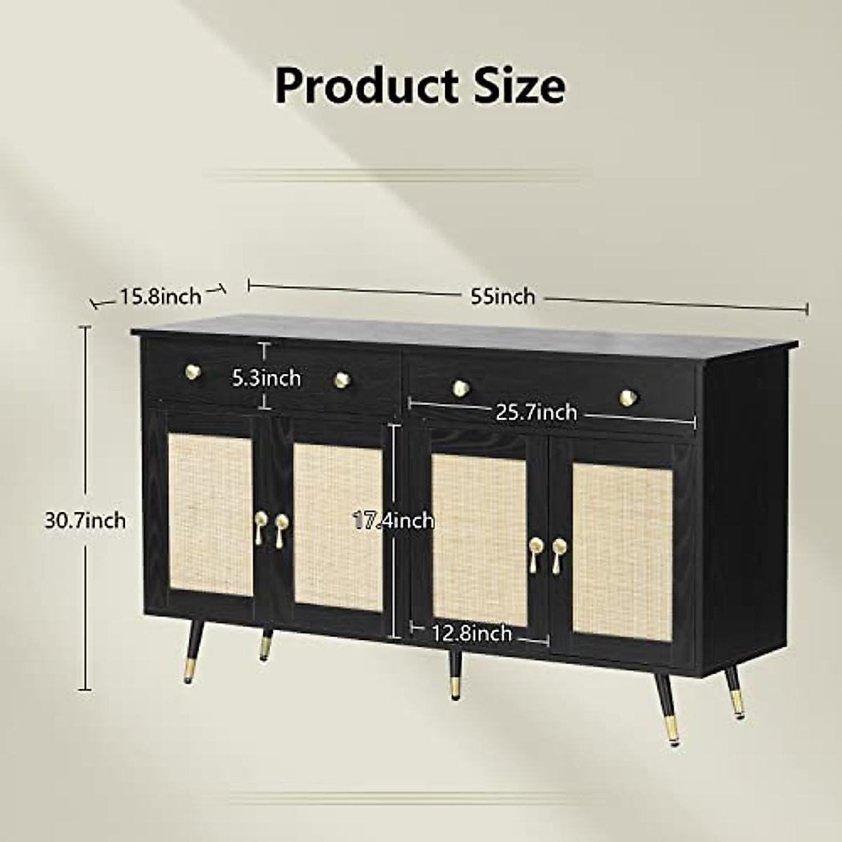 Buffet Cabinet with Storage, 55” Black Kitchen Cabinet with 4 Handmade Natural Rattan Doors, Black Sideboard Storage Cabinet with 2 Drawers for Dining Living Room