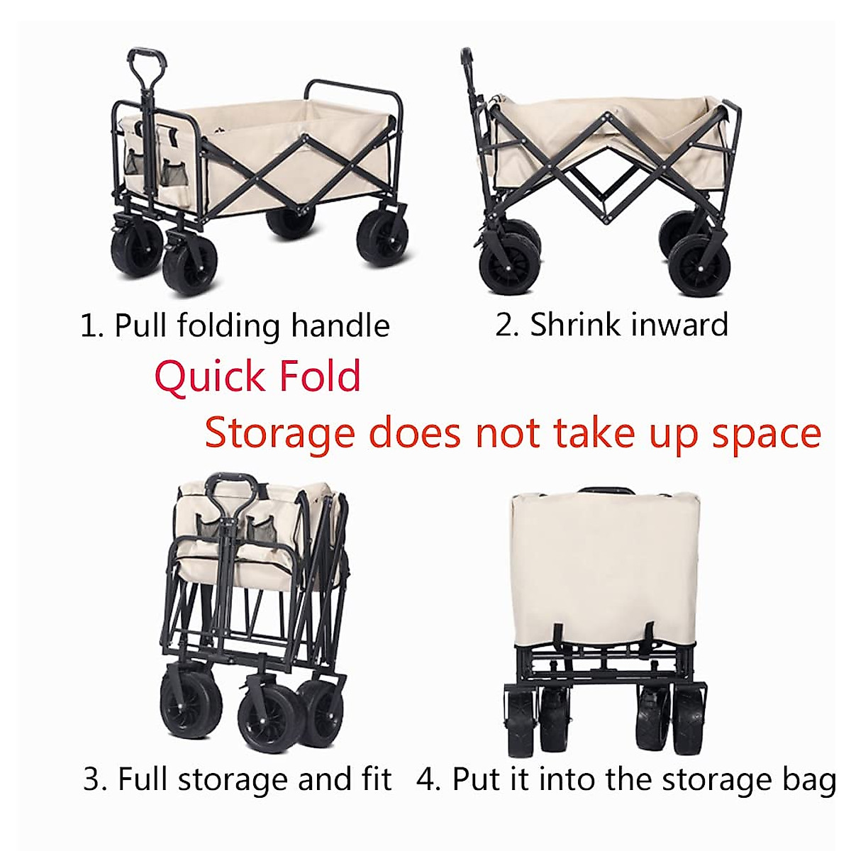 Collapsible Folding Wagon with 150L Capacity, Heavy Duty Foldable Utility Garden Cart with Big All-Terrain Beach Wheelsand Drink Holders.White