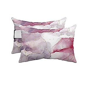 Recliner Head Pillow Ledge Loungers Chair Pillows with Insert Pink Marble Watercolor Lumbar Pillow with Adjustable Strap Outdoor Waterproof Patio Pillows for Couch Beach Pool Office Chair, 2 PCS