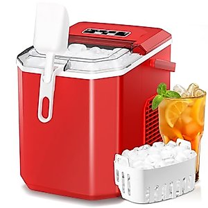 ZAFRO Ice Makers Countertop, 9 Cubes Ready in 6 Mins, Self-Cleaning Ice Machine with Detachable Double Handle and Anti-Hollowing Basket, 2 Size of Bullet Ice for Home Kitchen Office Bar Party, Red