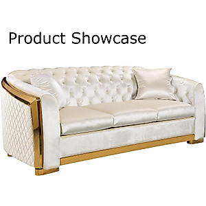 WinJoy 82.3 Inch Velvet Sofa Set for Living Room, 3 Seat Modern & Luxury Chesterfield Couch Sofa with Tufted Back&Gold Stainless Legs for Apartment, Office 2 Pillows Included Beige