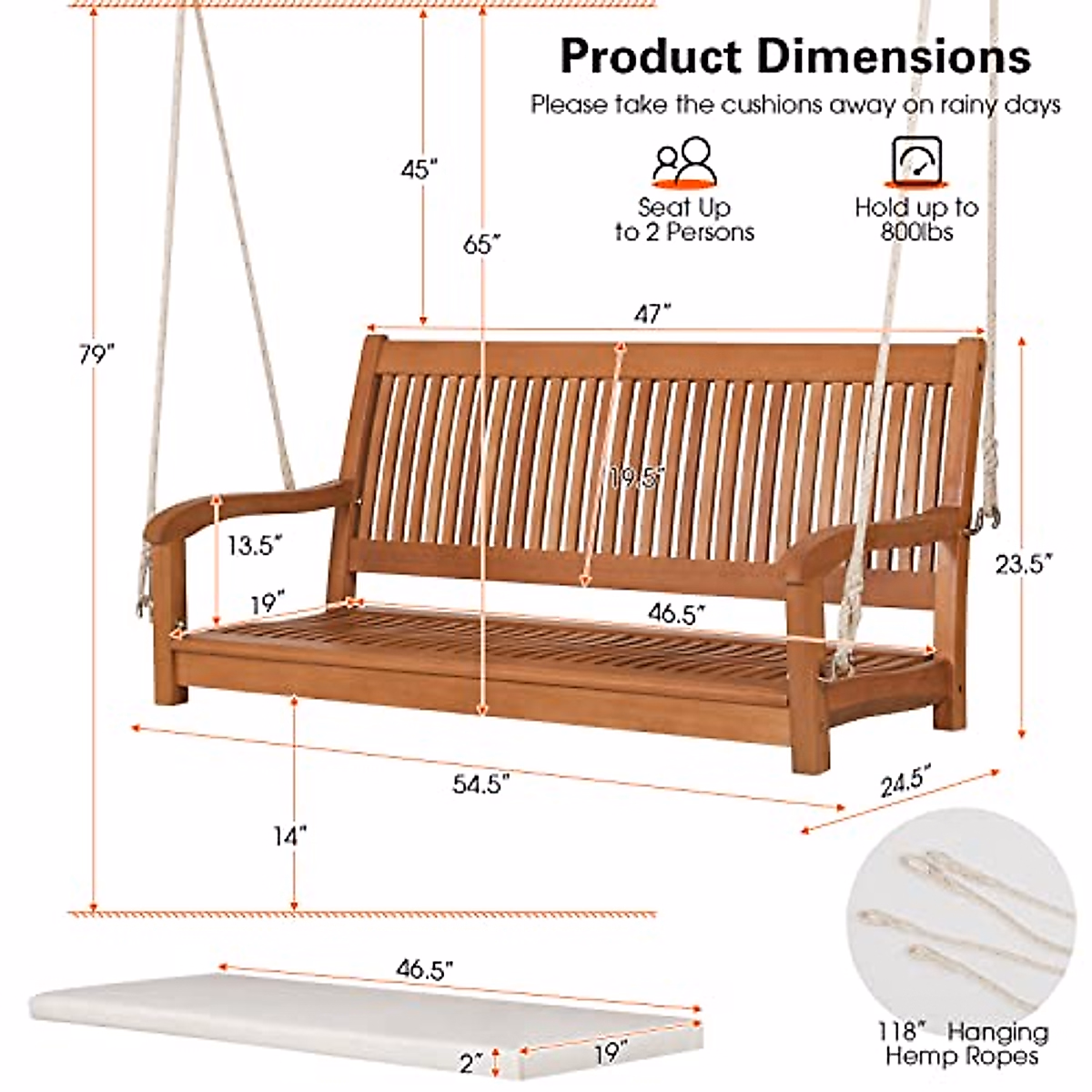 Tangkula 2 Person Hanging Porch Swing, Outdoor Bench Swing with Chains, High Back, Cozy Armrests, Heavy Duty 800Lbs Wooden Hanging Swing Chair with Cushion for Backyard, Deck, Garden
