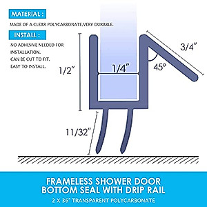 2 X Frameless Shower Door Bottom Seal Sweep Stirp 36 Inch Long for 1/4 Inch Glass