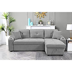 GAOPAN Modern Linen Sectional Sleeper Sofa Bed Convertible L-Shape Couch with Storage Chaise Lounge,Side Pockets,Cup Holders,2 Pillows for Living Room Apartment Furniture, Light Gray