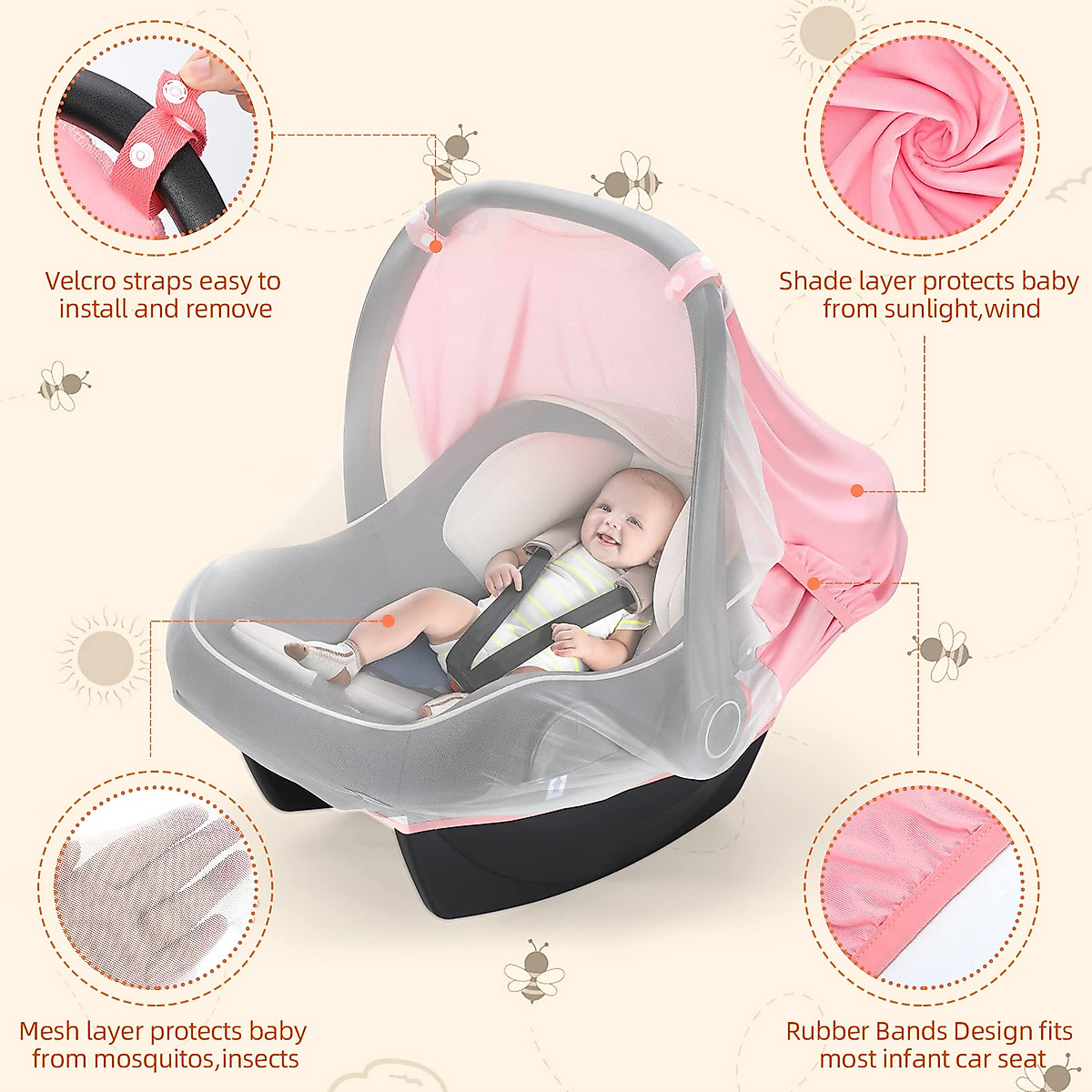 Baby Car Seat Cover - Cozy Sun & Bug Covers Infant Car Seat Covers for Babies Baby Canopy - Baby Carseat Cover Lightweight Stretchy Breathable Soft Comfortable