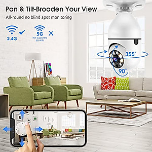Light Bulb Security Camera, HD 1080P 3MP Wireless Indoor IP Dome Camera 355 °Pan/Tilt 2.4GHz WiFi Smart Camera Surveillance, Night Vision, Human Motion Detection, Two-Way-Talk(5G WiFi Not Support)