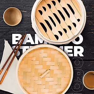 Grown Goods Bamboo Steamer Handmade Basket with Lid | 10 inch 2 Tier Steaming Basket Traditional Design | For Dumplings, Rice, Dim Sum, Vegetables, Fish, and Meat | Includes 50 liners, 2 bamboo sauce