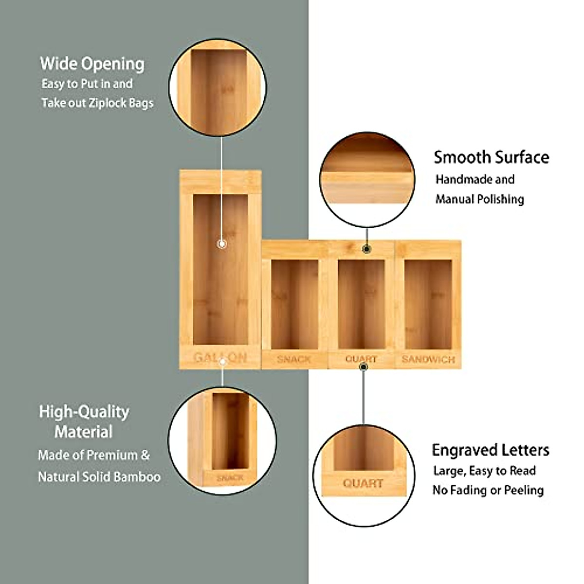 PJHOME Food Storage Bag Organizer Holders Bamboo Kitchen Cabinet Drawer Organization Compatible with Gallon, Quart, Sandwich & Snack Variety Size Bags