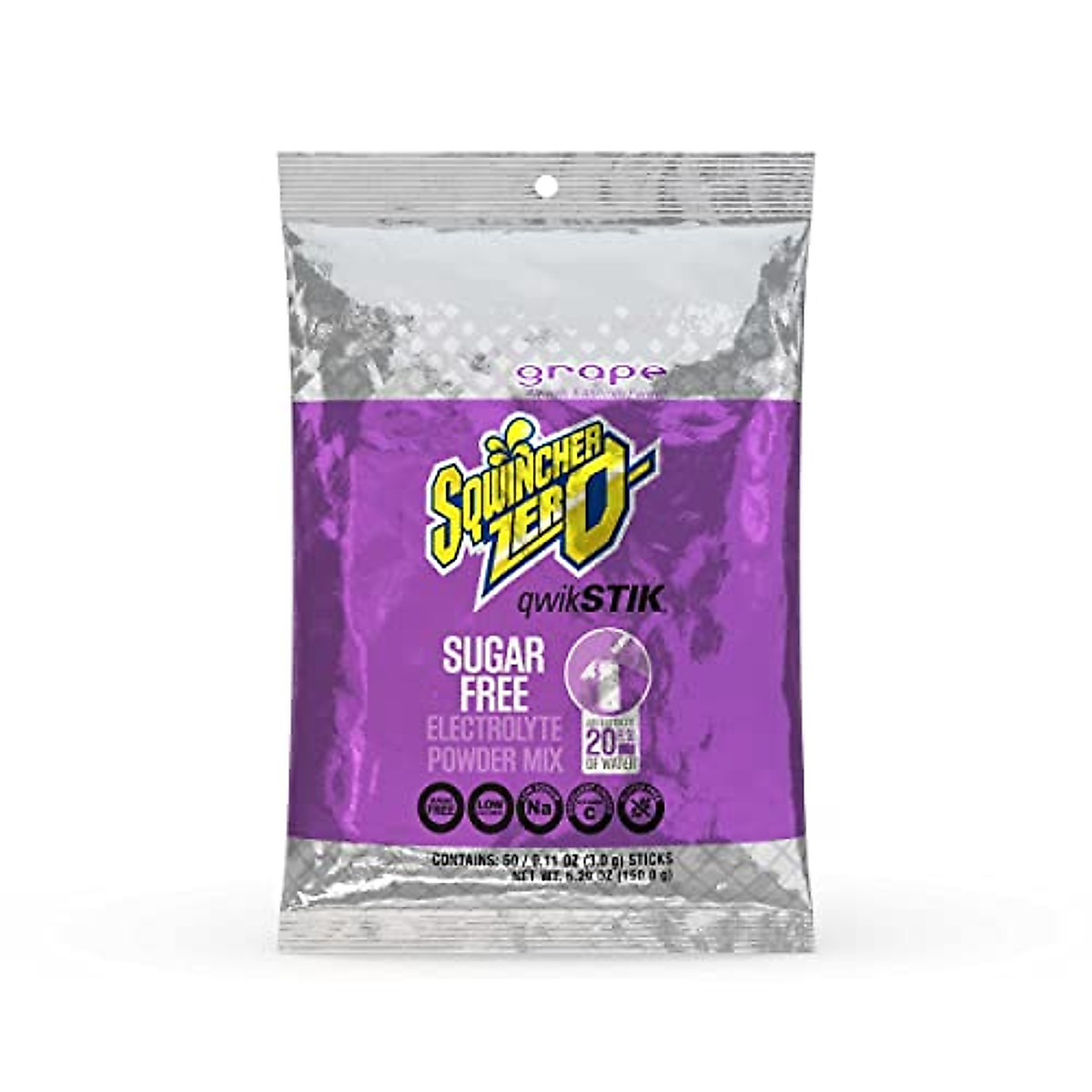Sqwincher Zero Qwik Stik, Sugar Free, Low Calorie, Low Sodium Electrolyte Replacement Powder Hydration Drink Mix, Grape, 0.11 oz Packet (Pack of 50)