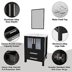LUCKWIND 24" Modern Bathroom Vanity with Sink Combo, Black MDF Bathroom Storage Cabinet with Overflow 3-Hole Drop in Ceramic Vessel Sink Top & Mirror, Excluding Faucet