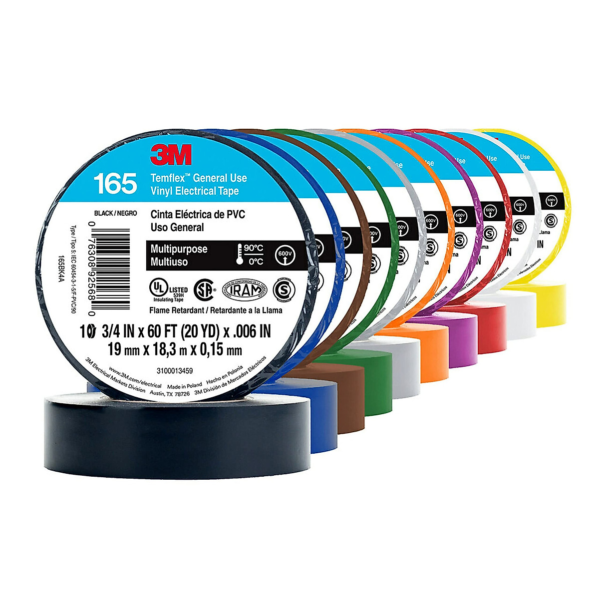 3M Temflex Multi-Purpose Vinyl Electrical Tape 165, Black, 3/4 in x 60 ft (19 mm x 18 m), 10 Roll Pack