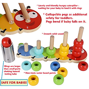 TOWO Wooden Stacking Rings Baby –Lovely Caterpillar Counting Game - Colour Sorting Puzzle - 5 Pegs Ring Stacker - Counting Rings Early Learning Wooden Toys for 1 Year Old Gift First Birthday Boy Girl