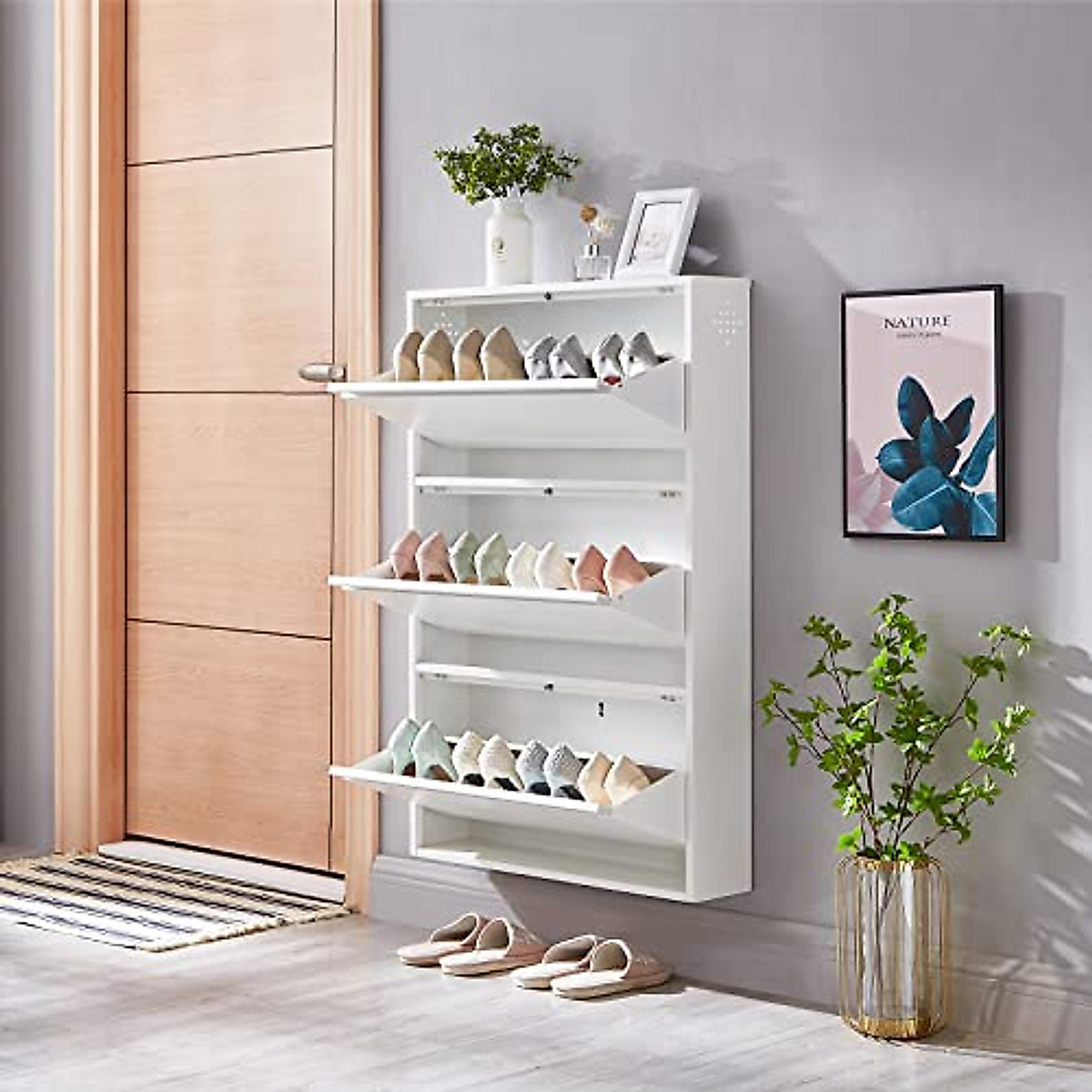 SPACEROCK 3 Drawers Shoe Storage Cabinet Wall Mounted & No-Assembly 25“ Metal Shoe Cabinet for Entryway, Hallway, and Corridor, Holds 12 Pair Shoes, White