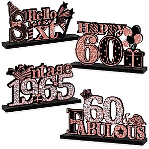 Turypaty 4 Pcs 60th Birthday Decorations Vintage 1965 Wooden Birthday Table Centerpieces for Women, Rose Gold Happy 60th Anniversary, 60 & Fabulous Table Sign Party Supplies, Hello Sixty Bday Decor