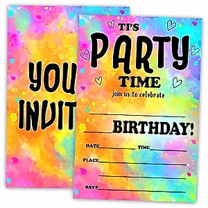 AWSICE Watercolor Birthday Invitations, It's Party Time Double-Sided Invite Cards For Birthday Party, 20 Invitations With Envelopes, Decorations,Party Favor And Supply-B15