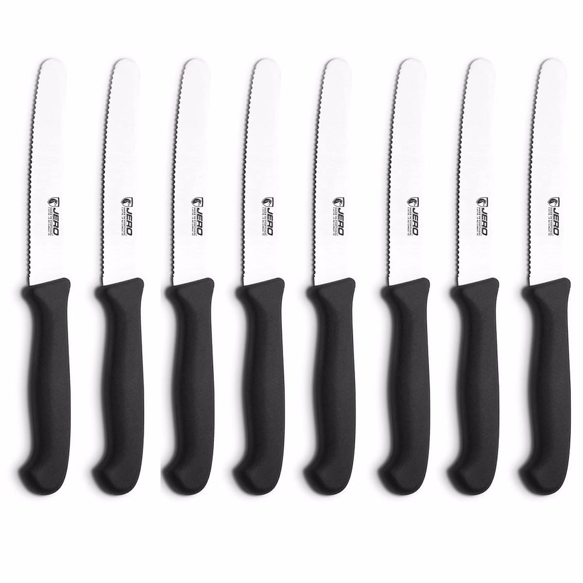 Jero 8-Piece Steak Knife Set For Home, Grilling Or Restaurant Use - Serrated Edge With Round Tip - Works On Vegetables, Fruit And Bread