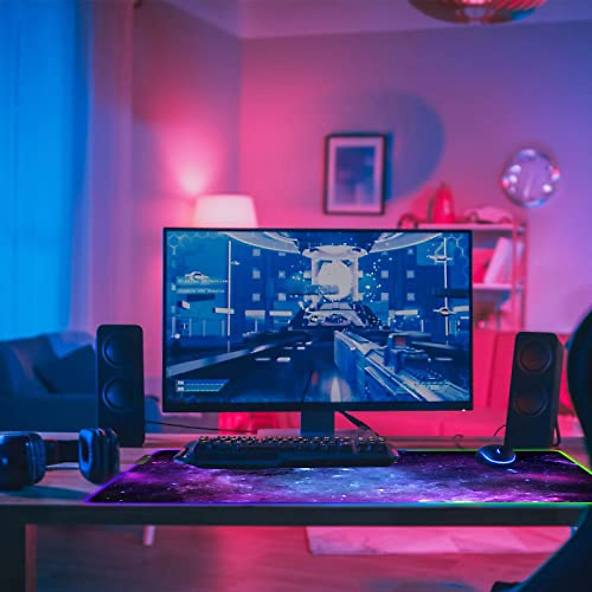 DINKY RGB Gaming Mouse Pad, Large Extended Soft Led Mouse Pad with 14 Lighting Modes, Water Resist Keyboard Pad, Computer Keyboard Mousepads Mat 31.4×11.8 inches- Purple Nebula