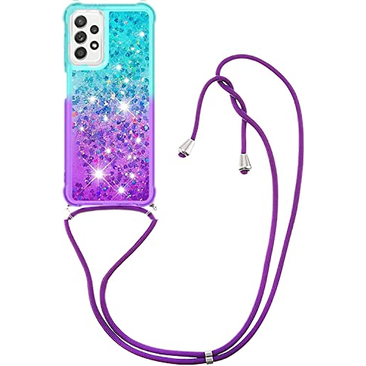 HOUSON for Samsung Galaxy A32 5G Case, Moving Liquid Holographic Sparkle Glitter Case with Crossbody Lanyard Strap, Girls Women Bling Diamond Ring Slim Protective Case for Galaxy A32 5G Purple