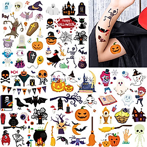 Halloween Temporary Tattoos for Kids, 360PCS Halloween Face Tattoos, Waterproof Cute Cartoon Fake Body Stickers Decorations, Halloween Face Makeup Party Favors Supplies Decor Pumpkin Witch Skull Adult