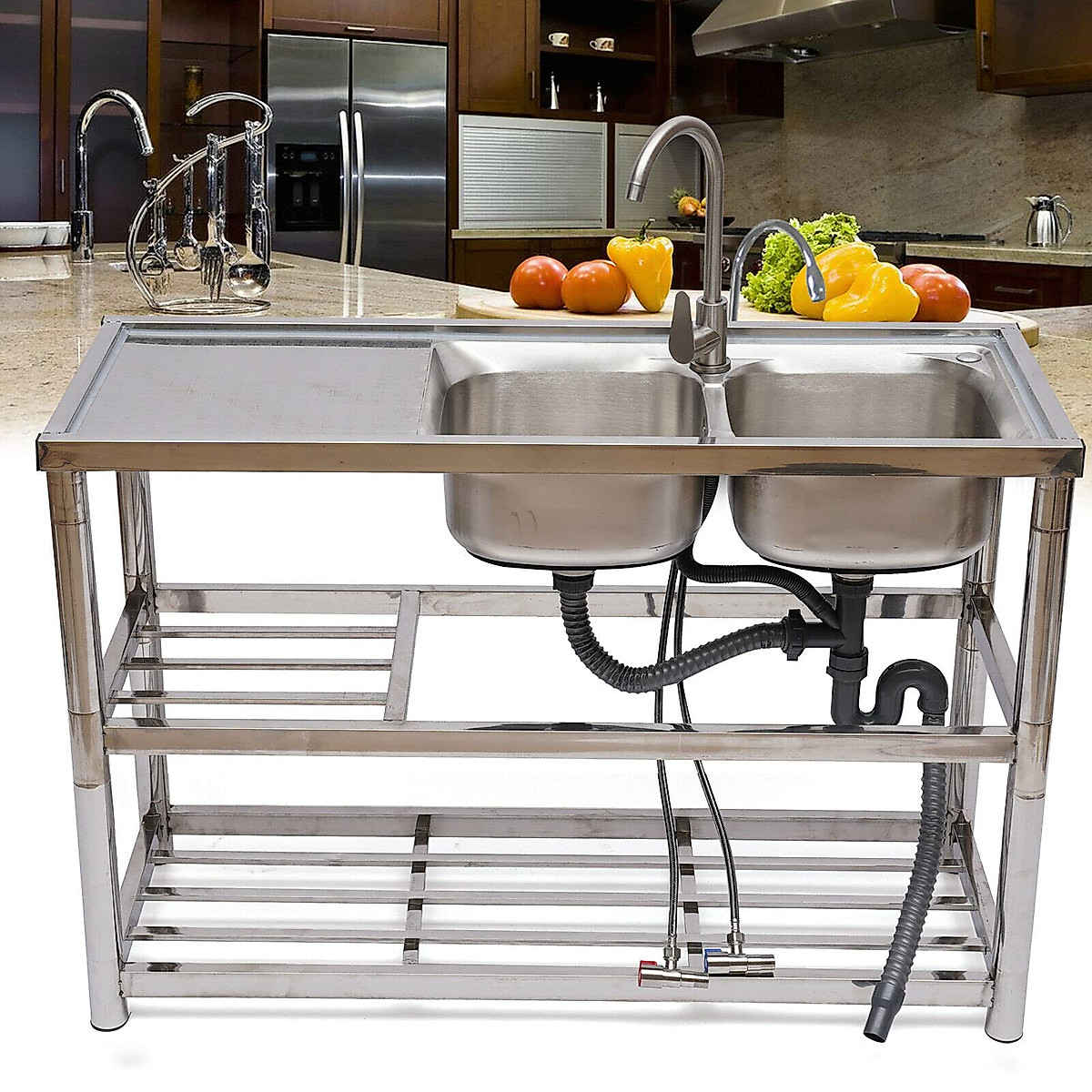 Commercial Sink Basin w/Faucet Catering Prep Table Kitchen Shelf Stainless Steel Outdoor Sink Freestanding with 2 Shelves 2 Drainer for Garage,Restaurant