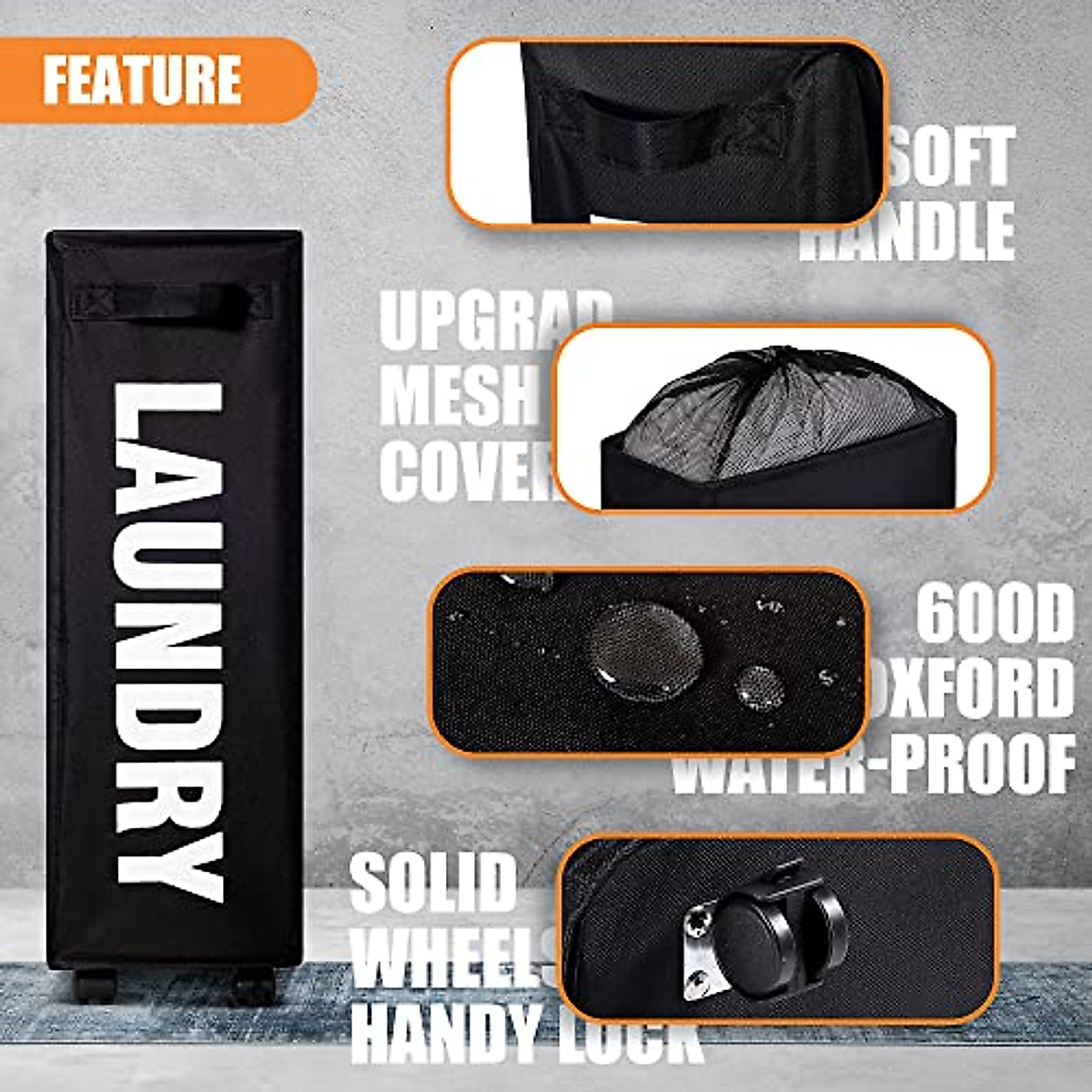 Caroeas 22" Rolling Slim Laundry Basket with Stand Foldable Waterproof Sorter and Organizer on Wheels Tall Thin Dirty Laundry Hamper Basket Home Corner Bin (Slim 22",Black)