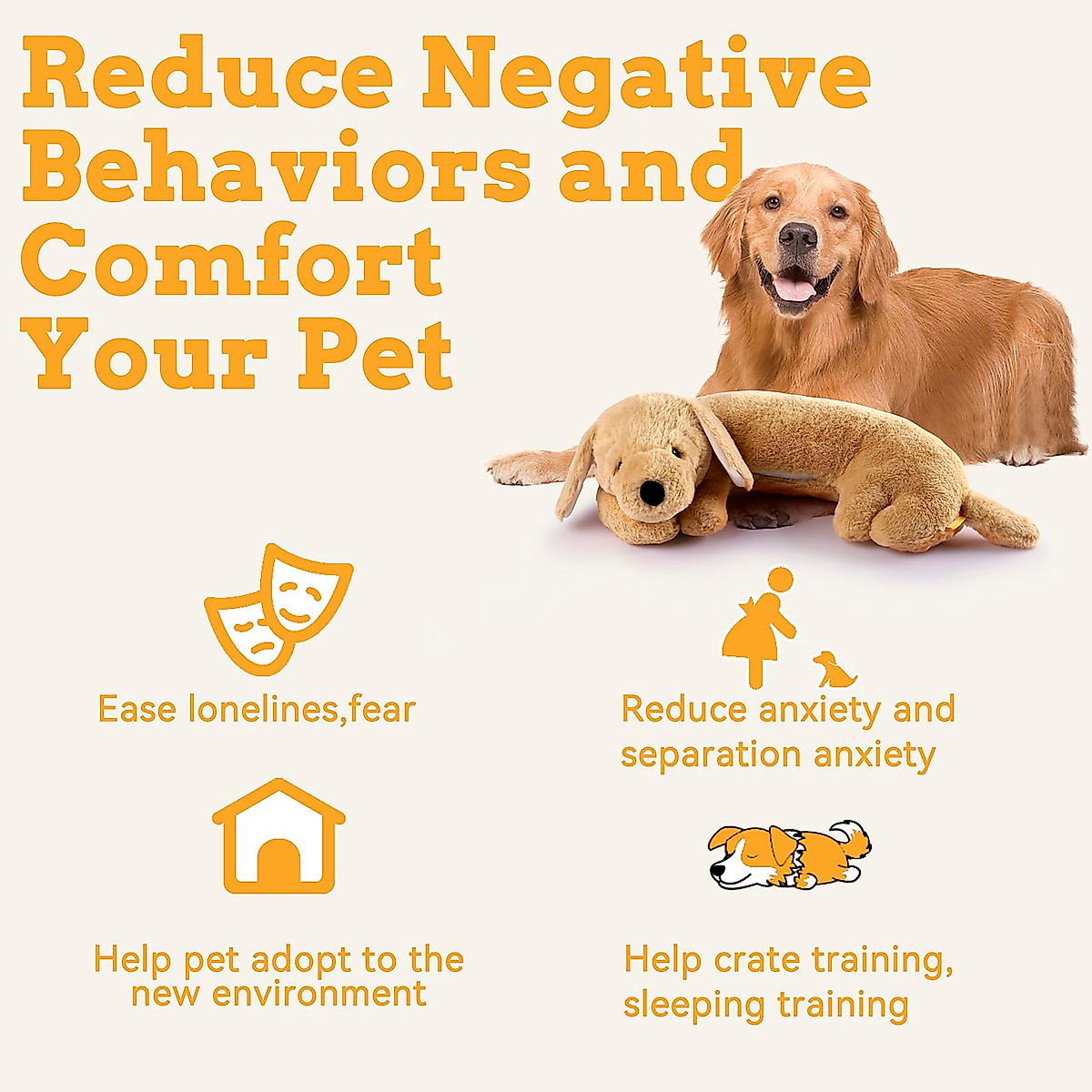 Extragele Heartbeat Puppy Toy Heartbeat Stuffed Animal for Dog Anxiety Relief and Calming Aid, Dog Heartbeat Toy for Puppy Sleep Aid Crate Training, Puppy Essential Puppy Needs, Golden