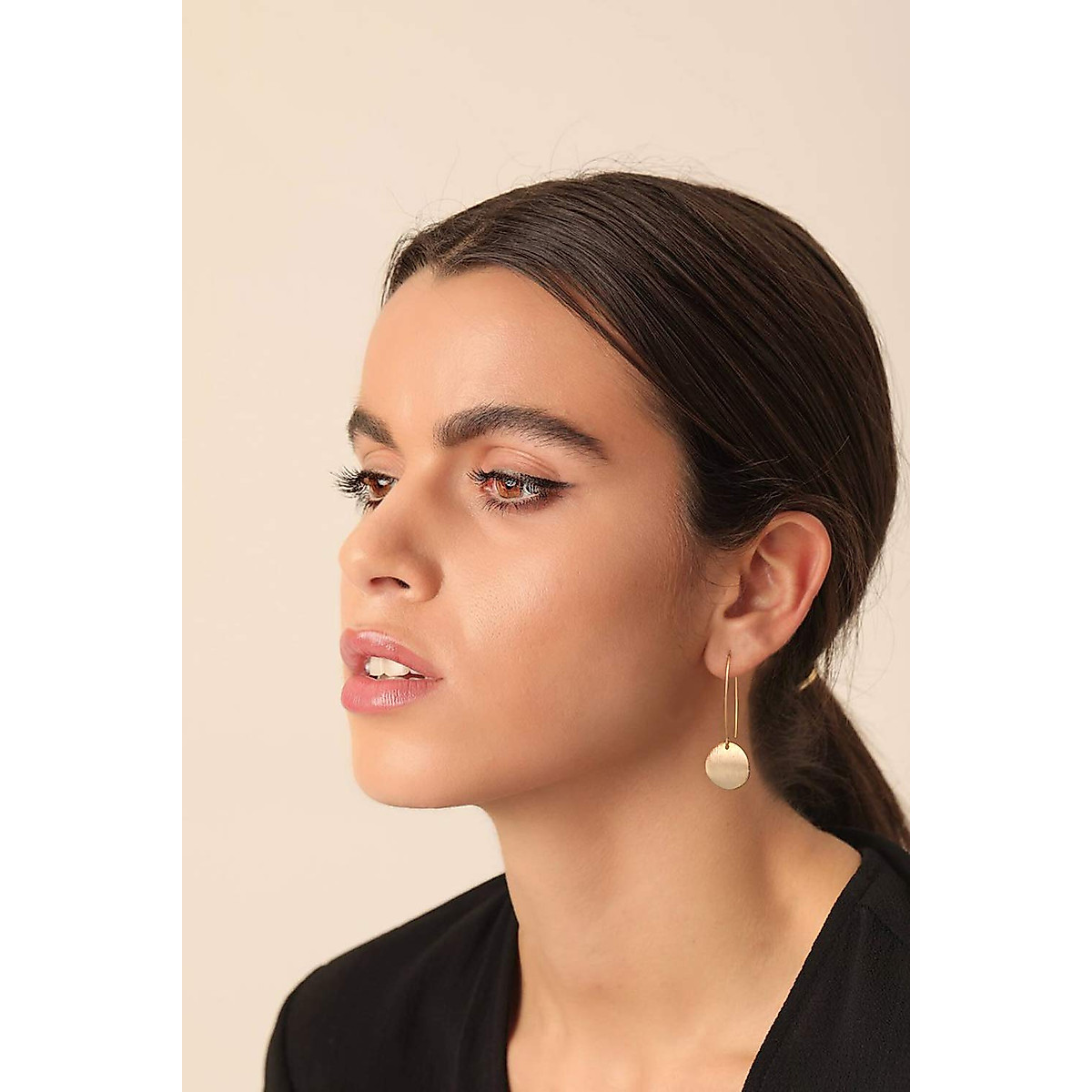 SOFYBJA Statement Long Gold Round Dangling Earrings for Women Lightweight Circle Disc Coin Geometric Flat Brushed 18k Gold Plated Dangle Drop Hanging Hoop Earrings for women Gift for Her Over-18-year-old