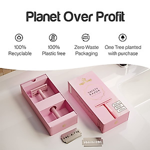 Double Edge Safety Razor for Women, Safety Razor with 10 Blades, Women Razor, Fits All Double Edge Razor Blades, Plastic Free (Pink)