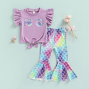 Toddler Kid Baby Girls Outfits Fly Sleeve Shell Crop Tops T-Shirt Mermaid Flared Pants Summer Birthday Clothes 1-6T (Purple, 3-4T)