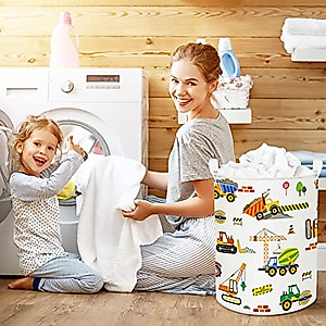 Clastyle 45L Cartoon Construction Vehicles Waterproof Laundry Hamper Collapsible Excavators Truck Laundry Basket with Drawstring for Nursery, 14.2 * 17.7 in